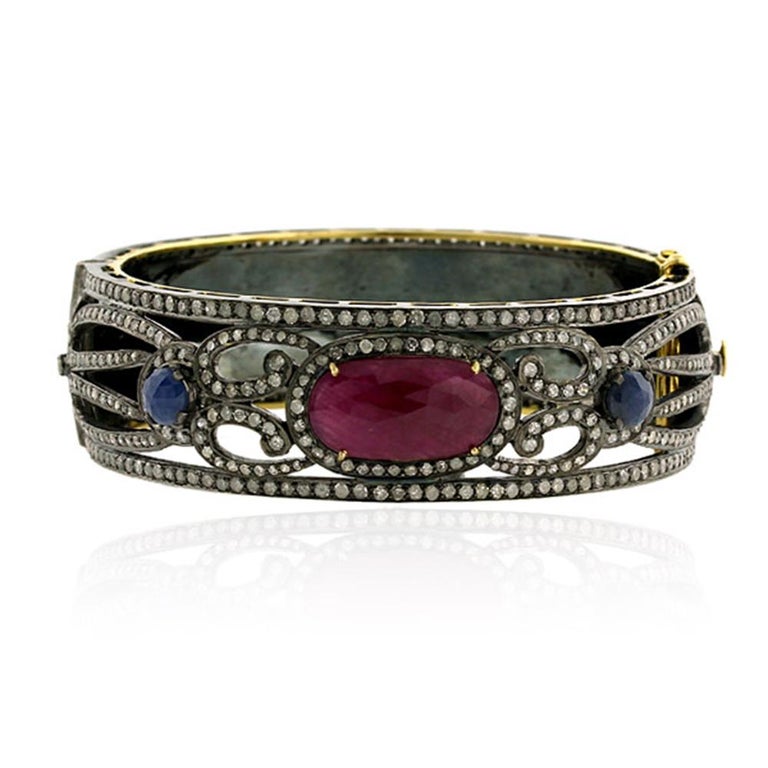 Ornamental Design Bangle with Ruby Sapphire and Pave Diamonds in 18k ...