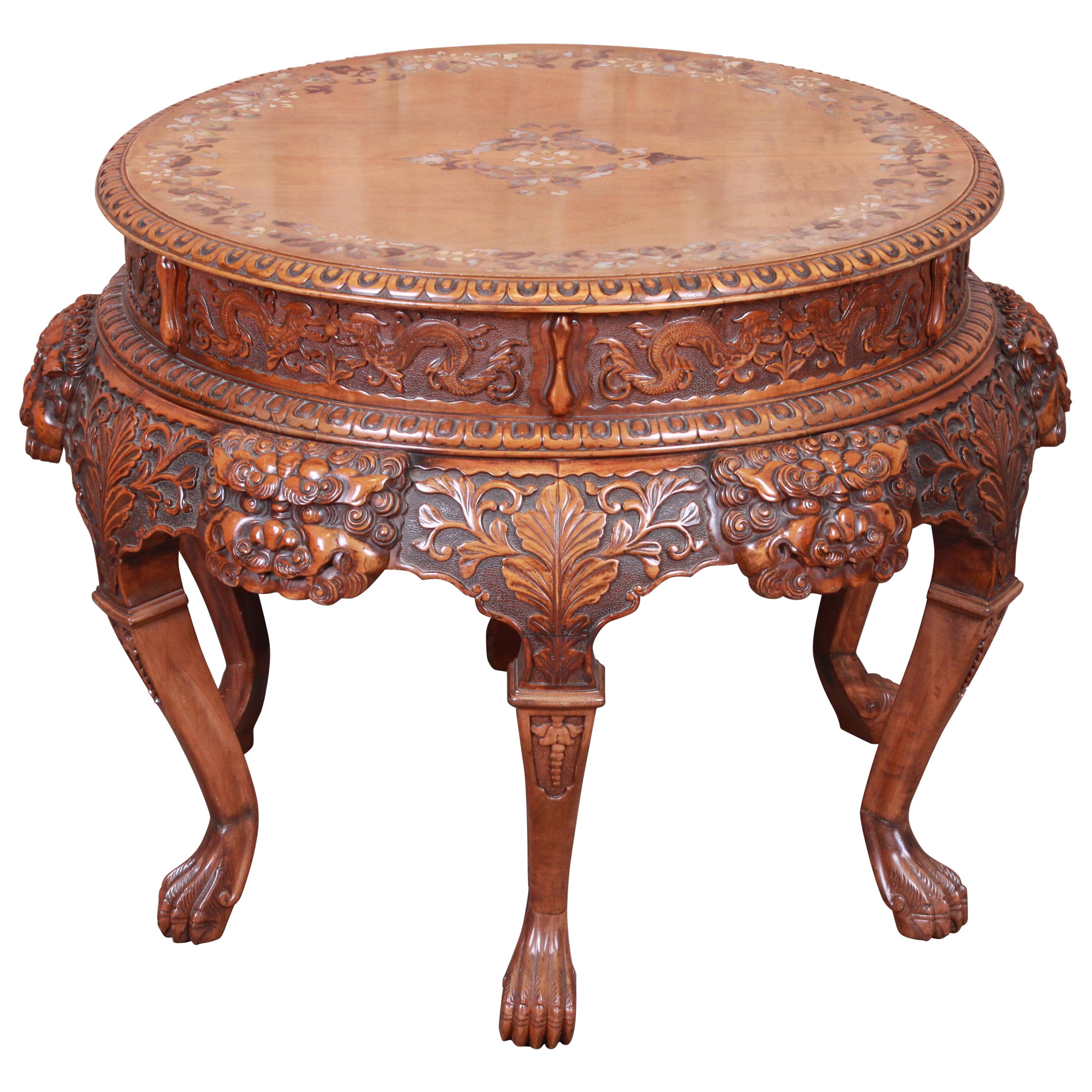 Ornate Asian Carved Walnut Center Table with Mother of Pearl Inlay at ...