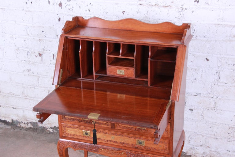Ornate Carved Elm Wood and Brass Inlay Chinoiserie Drop Front Secretary ...