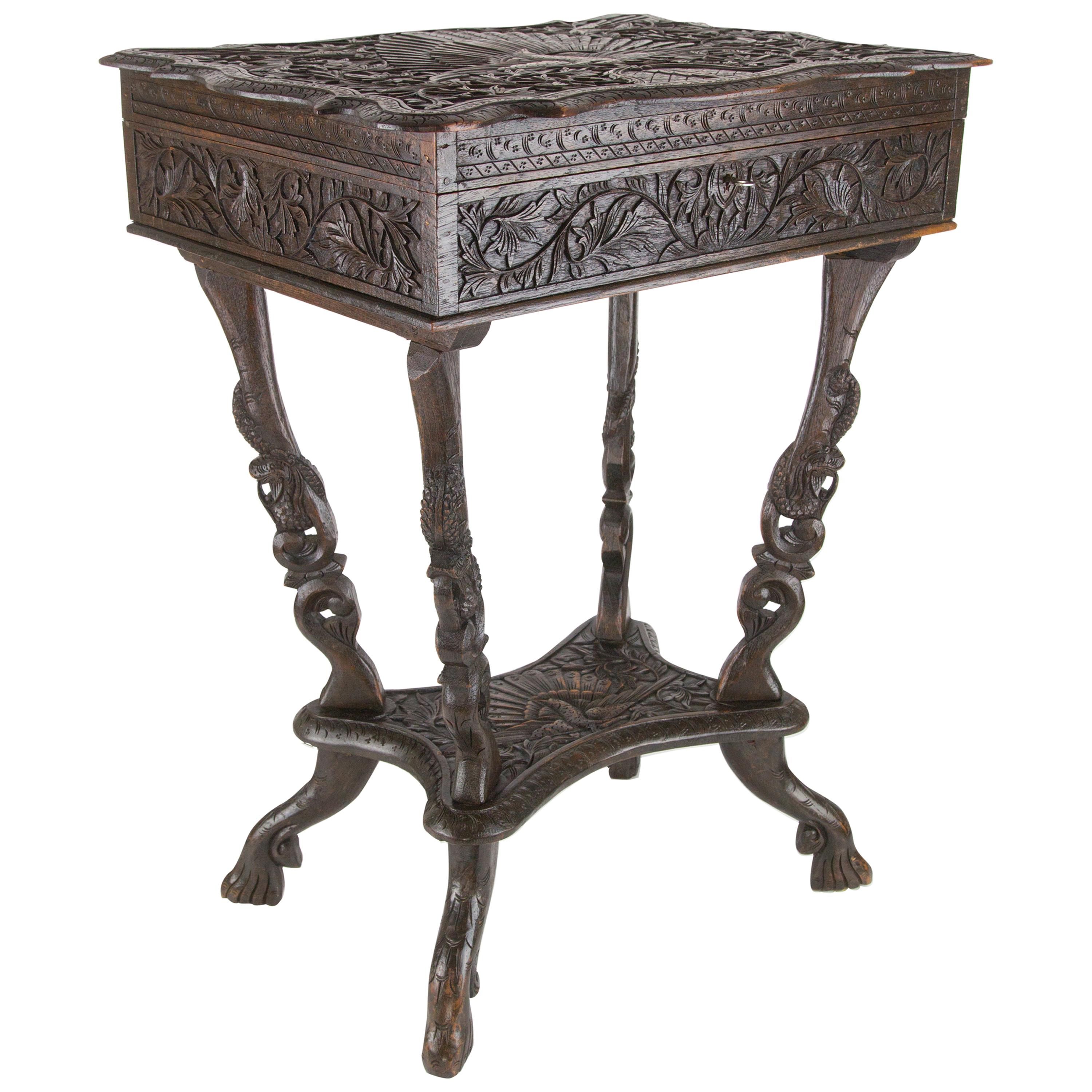 Ornate Carved Wood Dark Brown Sewing Table For Sale at 1stDibs