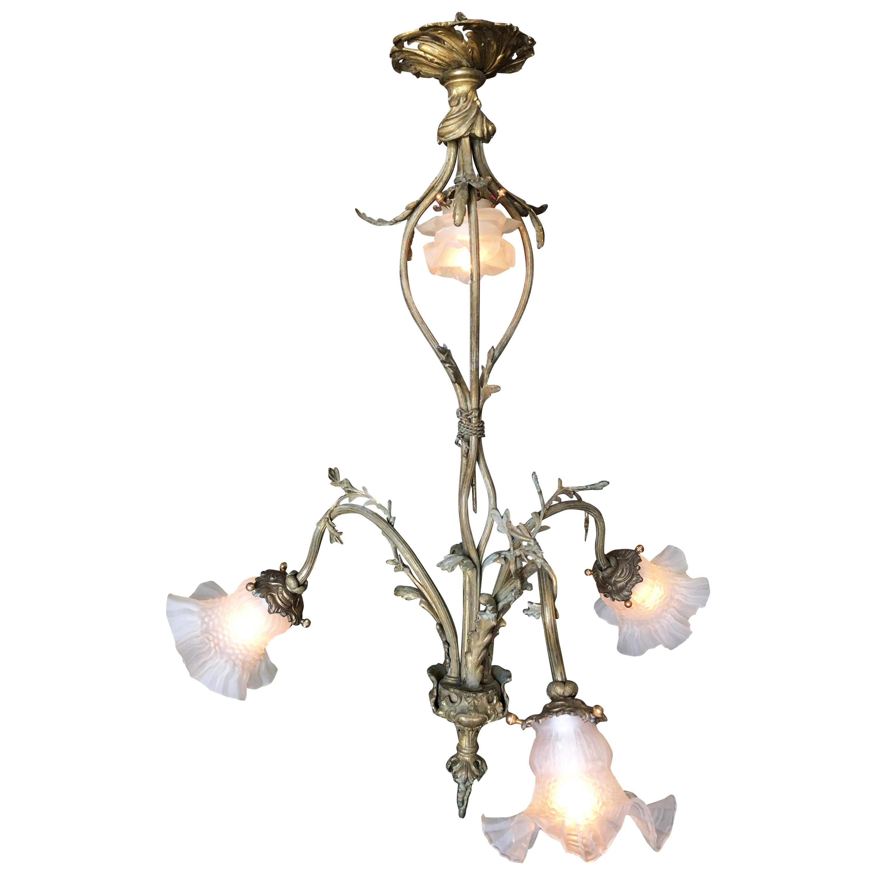 Ornate Cast Brass Floral Electric Chandelier, with Four Downlighter ...