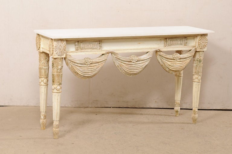 Ornate Console Table with Heavily-Swagged Skirt and Travertine Top For ...