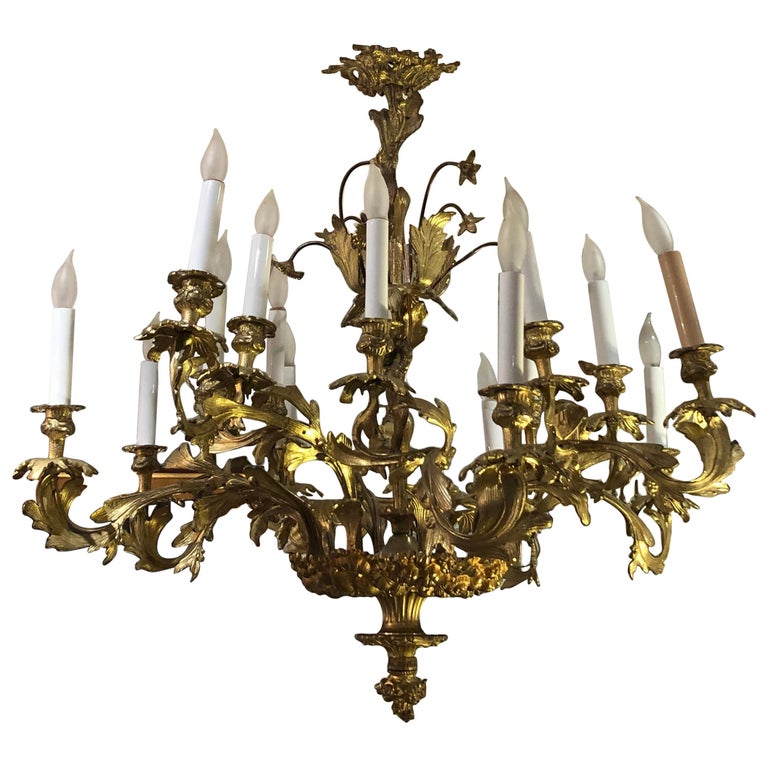 Ornate French Rococo Style Relief Cast Gilt Bronze 16-Light Chandelier ...