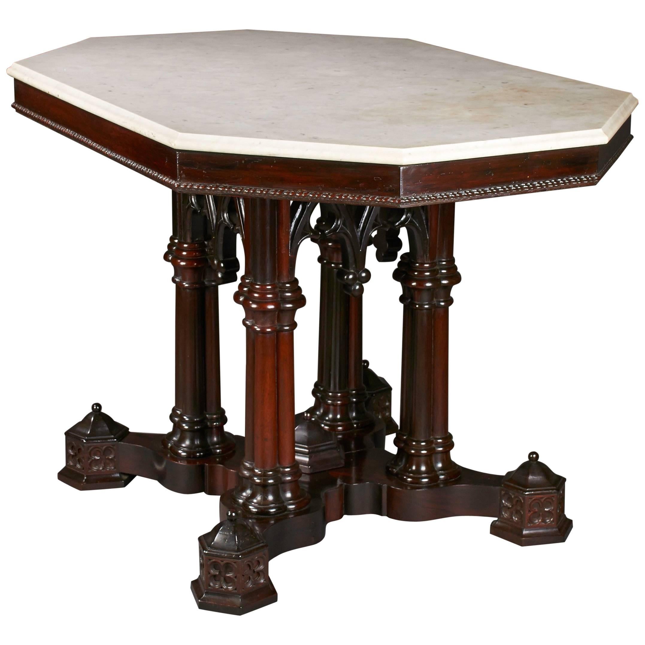 Ornate Gothic Center Table with Marble Top For Sale at 1stDibs