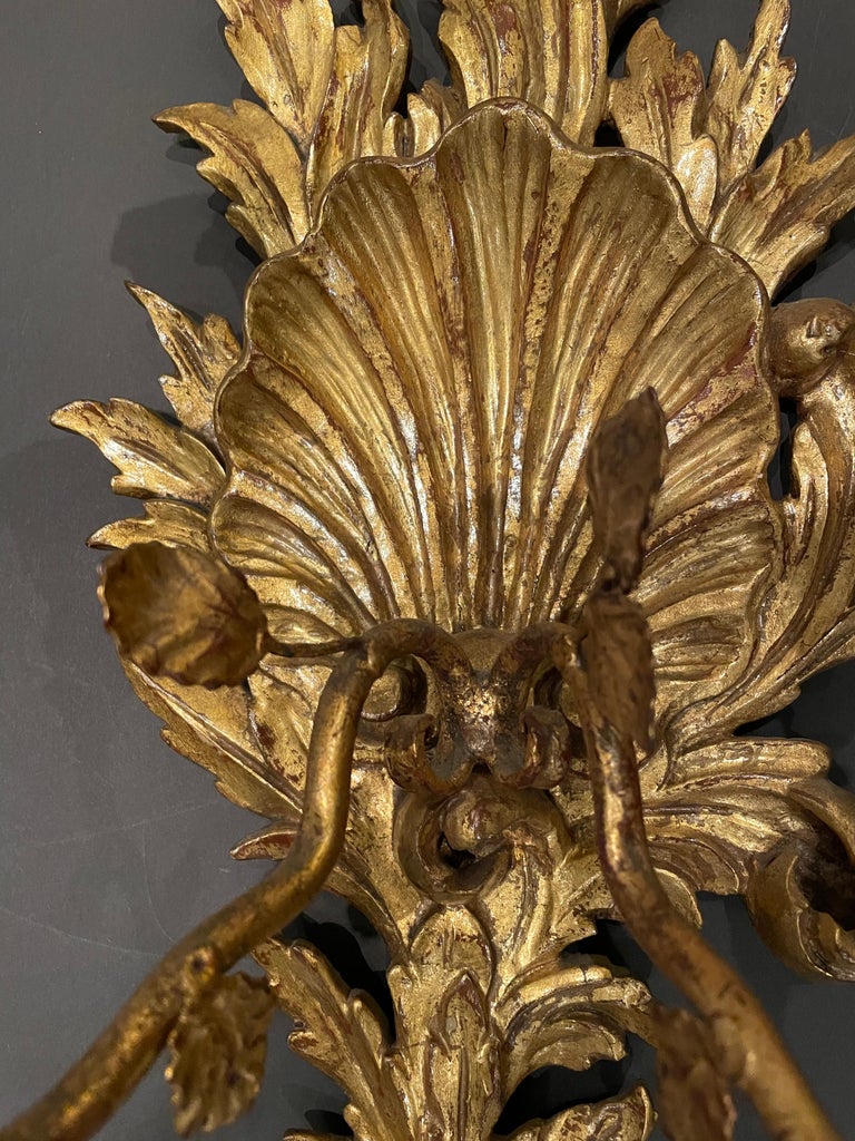 Ornate Italian Rococo Style Giltwood Candle Sconces For Sale at 1stDibs