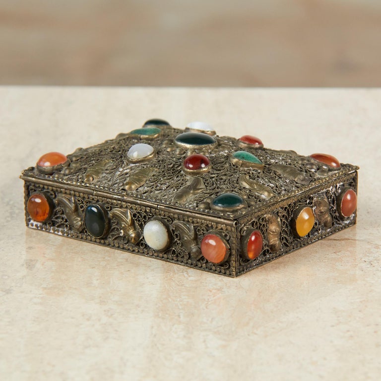 Ornate Pewter Box with Mixed Stones For Sale at 1stDibs