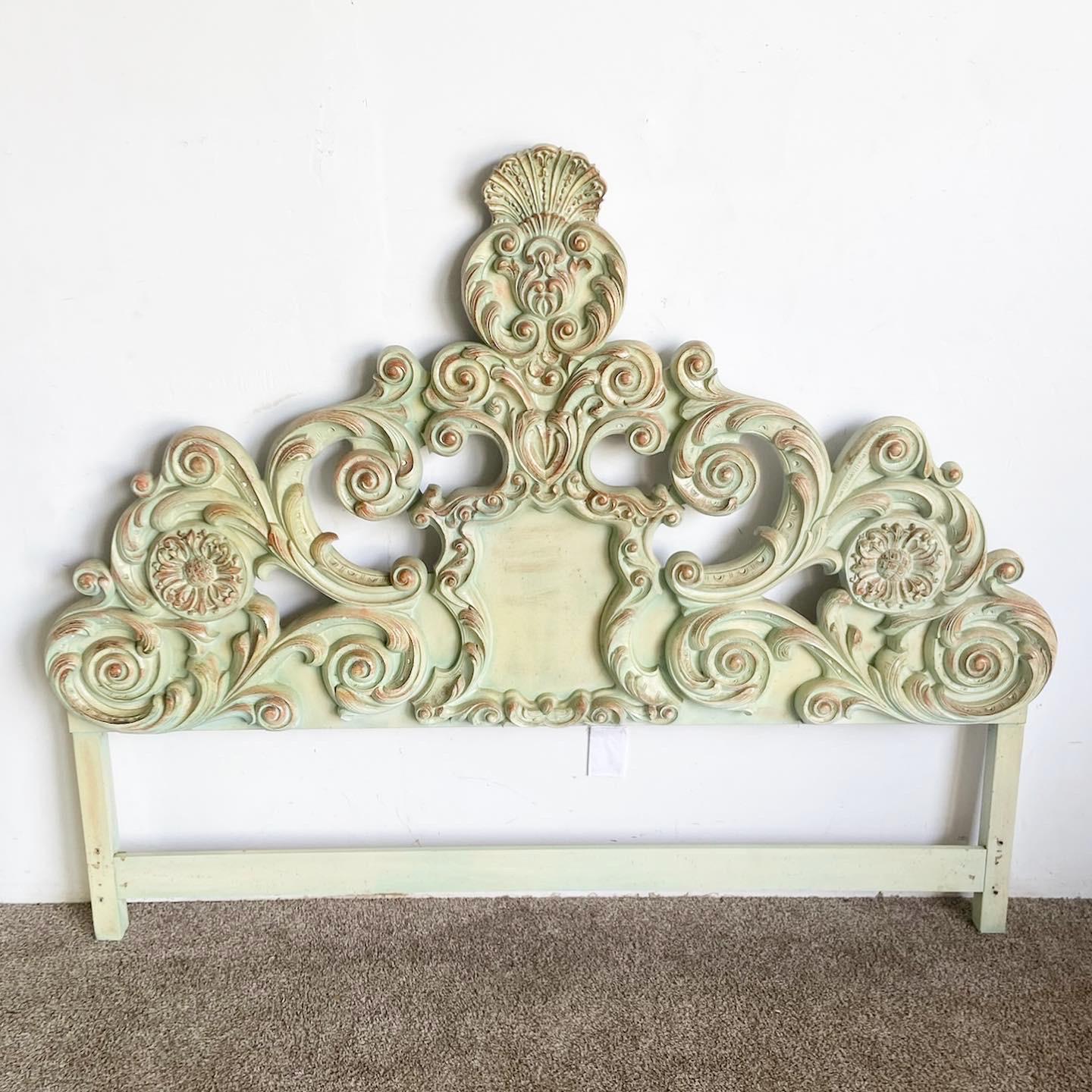 Ornate Rococo Style Green Wooden Headboard With Green Finish For Sale ...