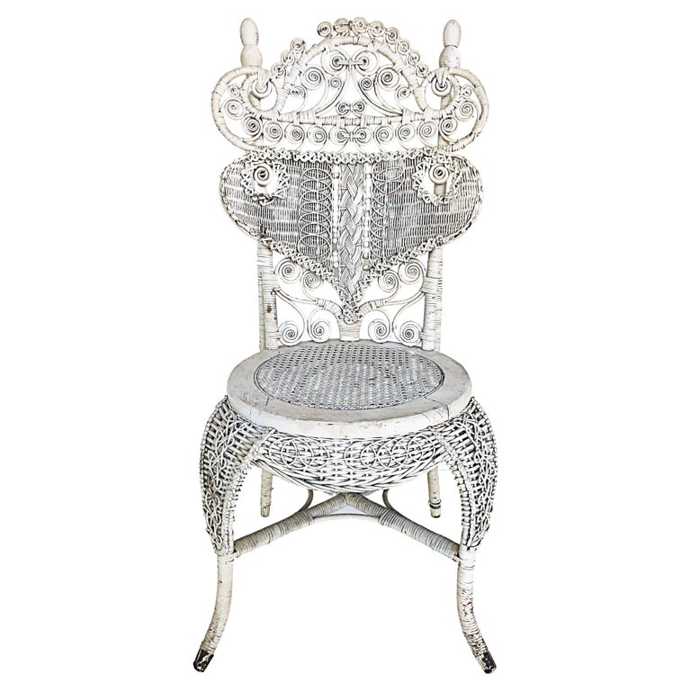Ornate White Painted Late Victorian Wicker Chair For Sale at 1stDibs