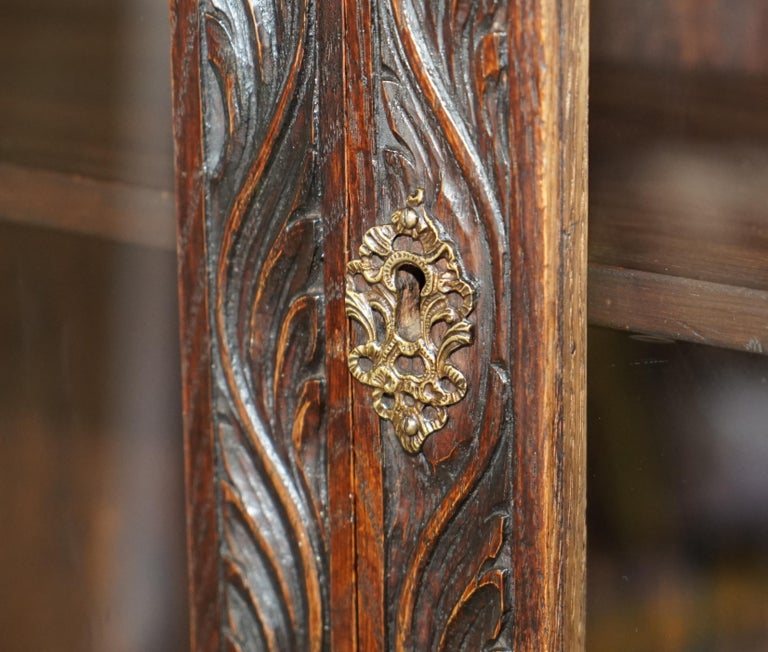 Ornately Carved English Oak Library Bureau Bookcase Lion's Head Brass ...