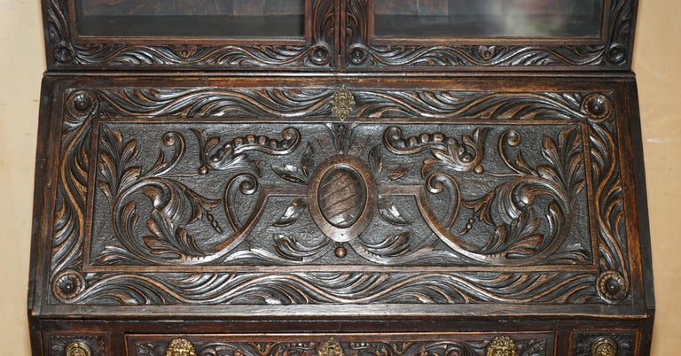 Ornately Carved English Oak Library Bureau Bookcase Lion's Head Brass ...