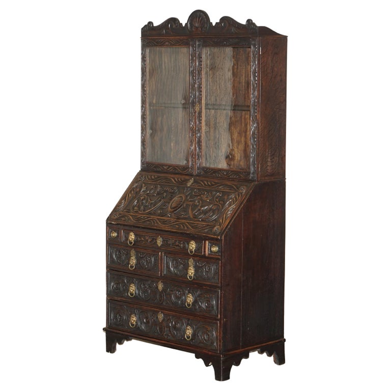 Ornately Carved English Oak Library Bureau Bookcase Lion's Head Brass ...