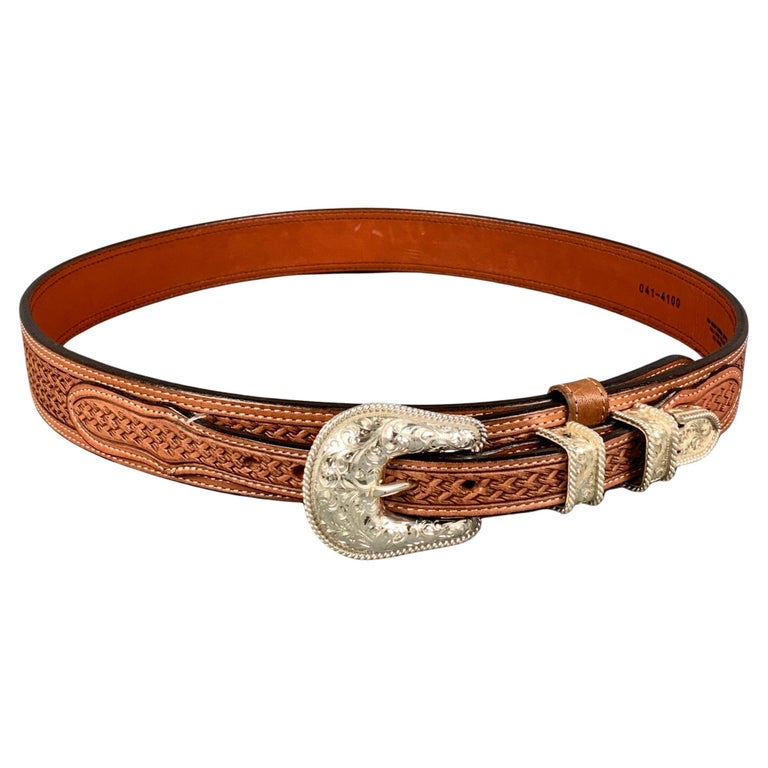 ORVIS Size 36 Brown Textured Leather Sterling Silver Belt For Sale at ...