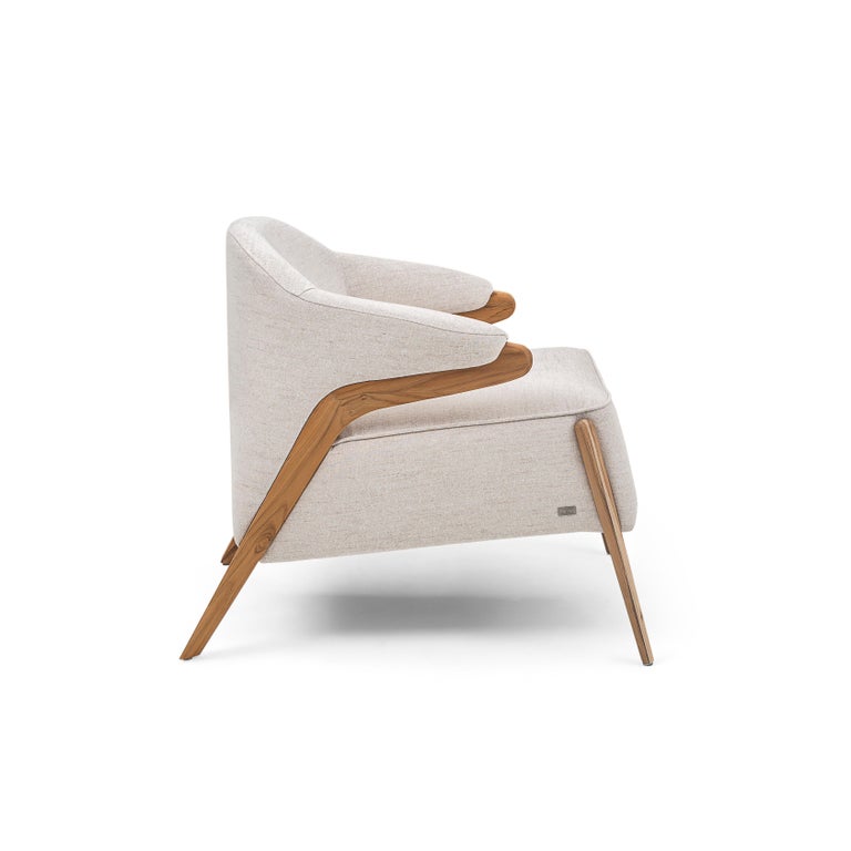 Osa Upholstered Armchair in Teak Finish and Oatmeal Fabric at 1stDibs