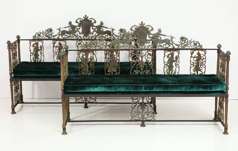 Oscar Bach Iron and Bronze Benches with Velvet Seat Cushions, USA ...