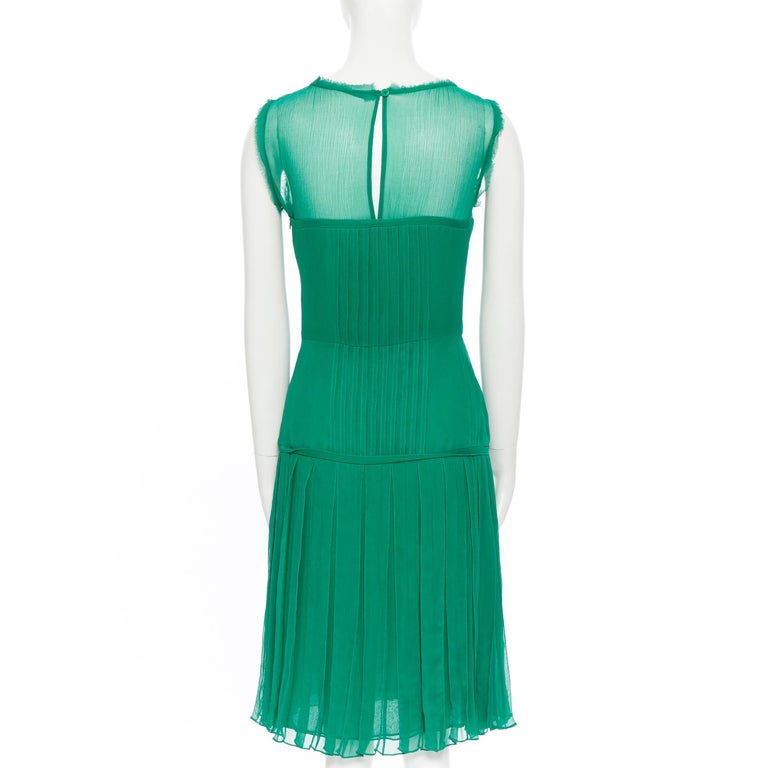 OSCAR DE LA RENTA 2011 kelly green silk pleated sheer yoke cocktail ...