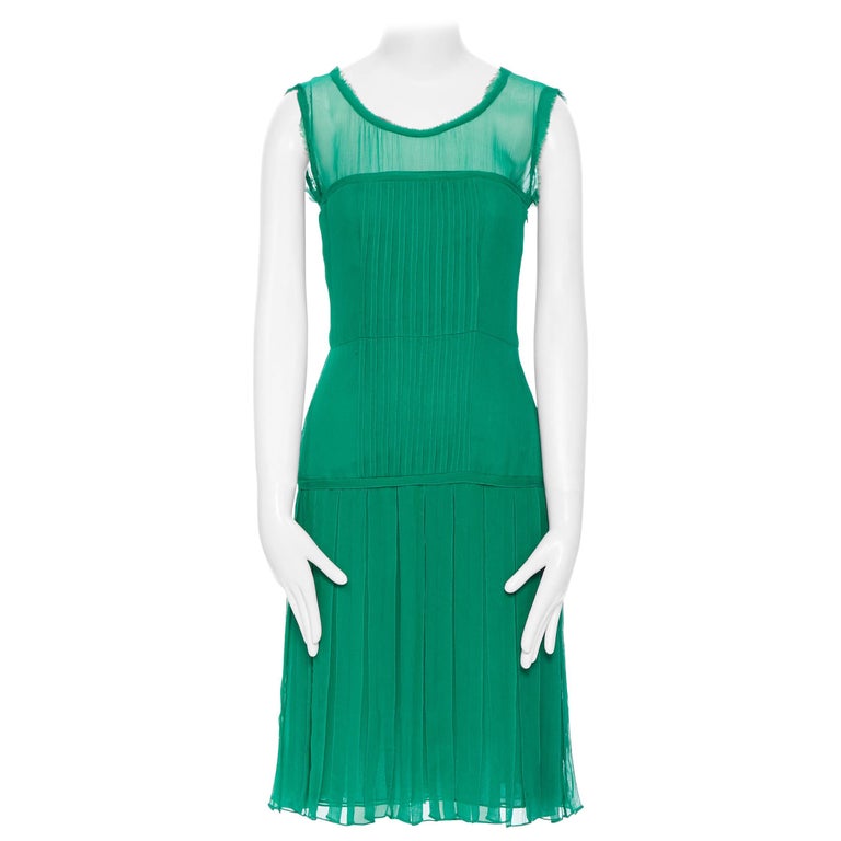 OSCAR DE LA RENTA 2011 kelly green silk pleated sheer yoke cocktail ...