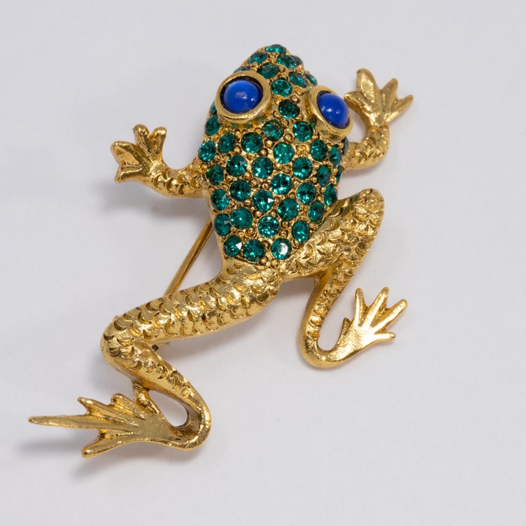 Oscar de la Renta Gold Frog Pin Brooch with Pave Green Crystals, Blue ...