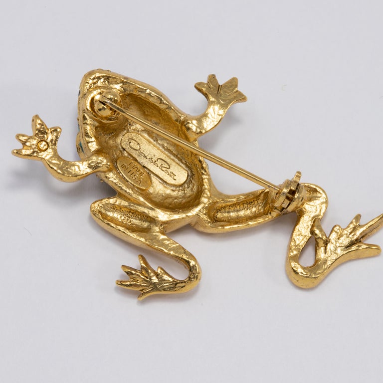 Oscar de la Renta Gold Frog Pin Brooch with Pave Green Crystals, Blue ...