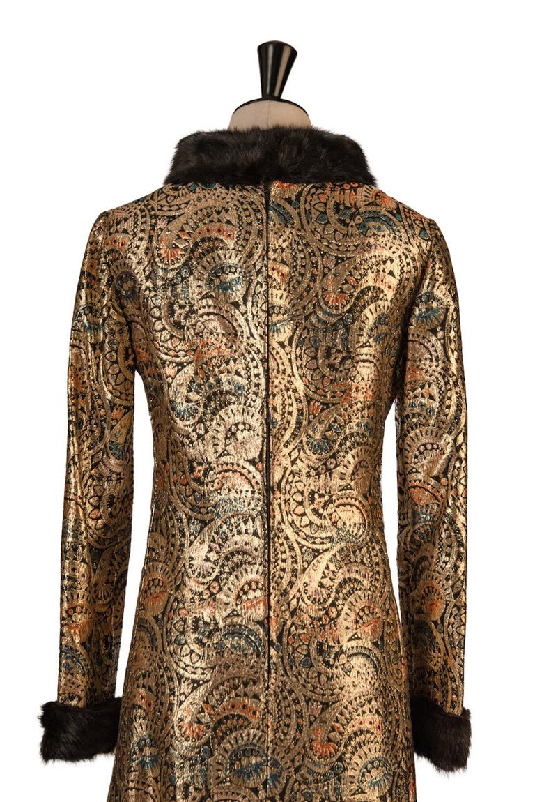 Oscar de la Renta Gold Metallic Brocade Sable Trim Evening Dress, c ...