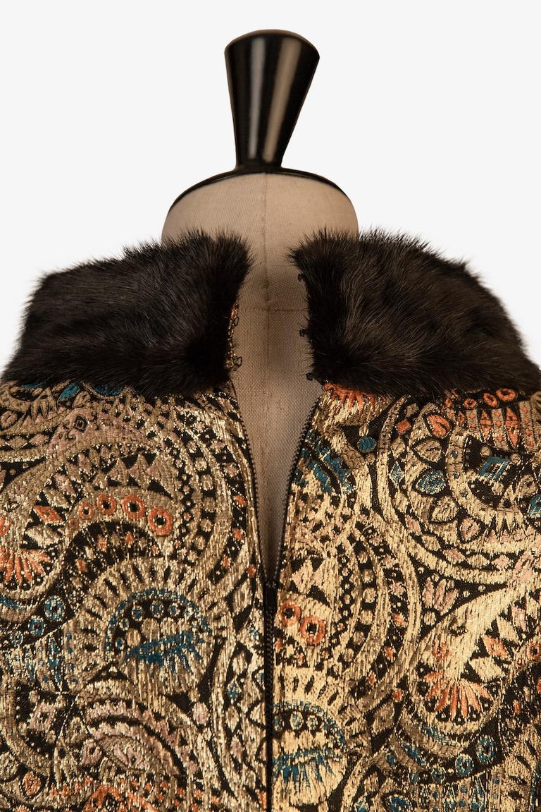 Oscar de la Renta Gold Metallic Brocade Sable Trim Evening Dress, c ...