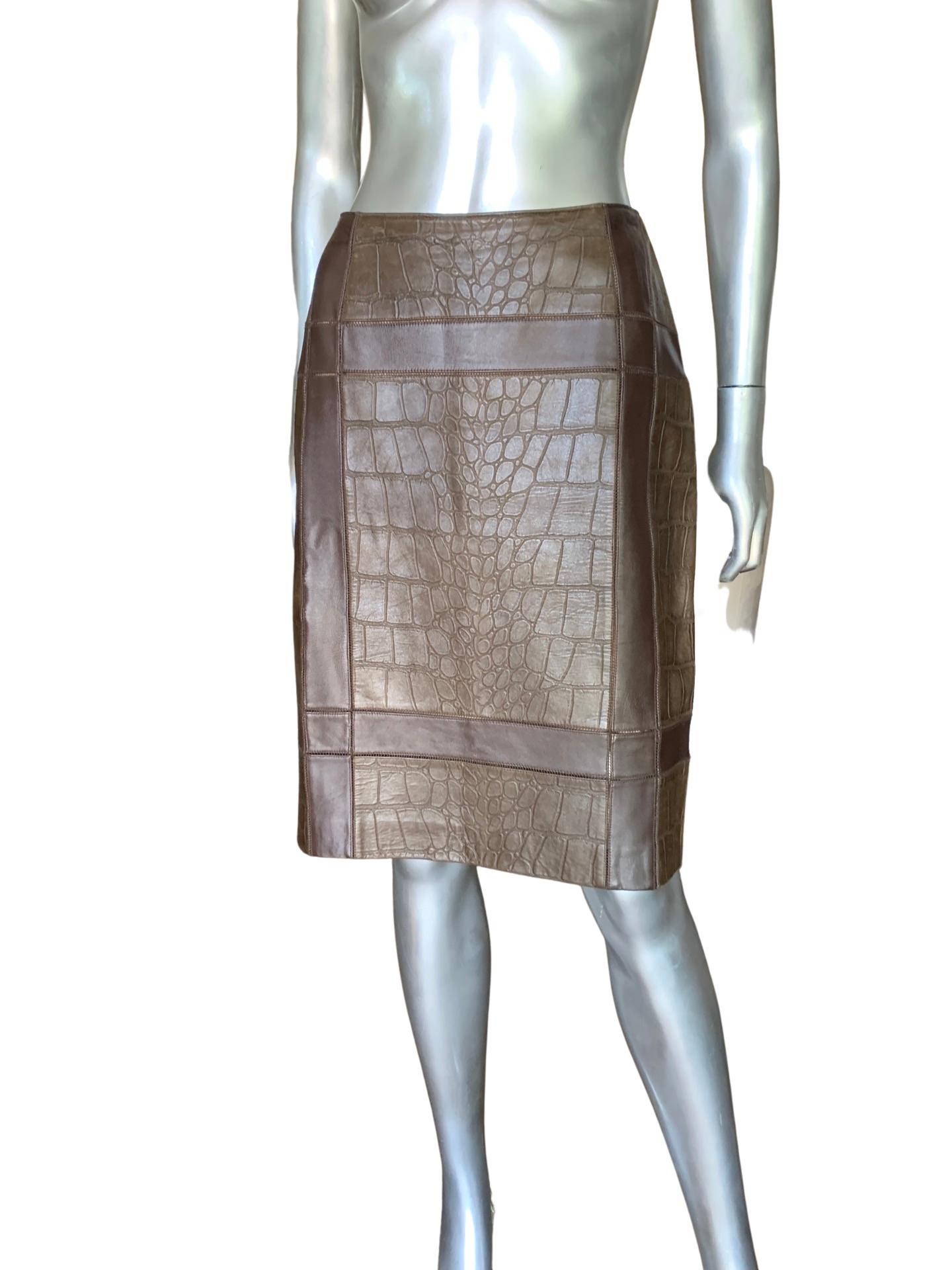Oscar de la Renta Luxe Brown Leather Alligator Embossed Skirt SFA Size ...