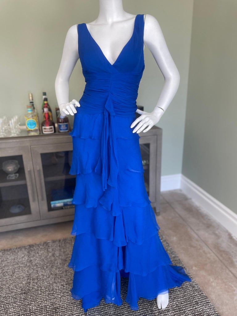 Oscar de la Renta Plunging Vintage Layered Silk Chiffon Evening Dress ...