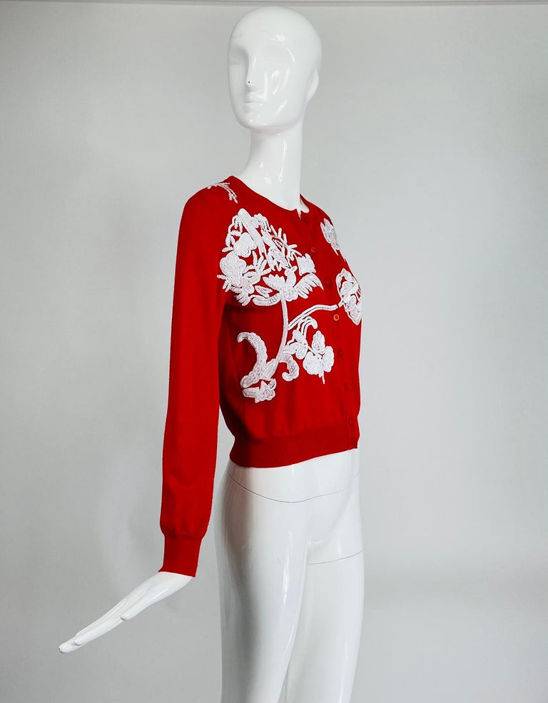 Oscar de la Renta Red Wool Cardigan Sweater White Floral Sequin ...