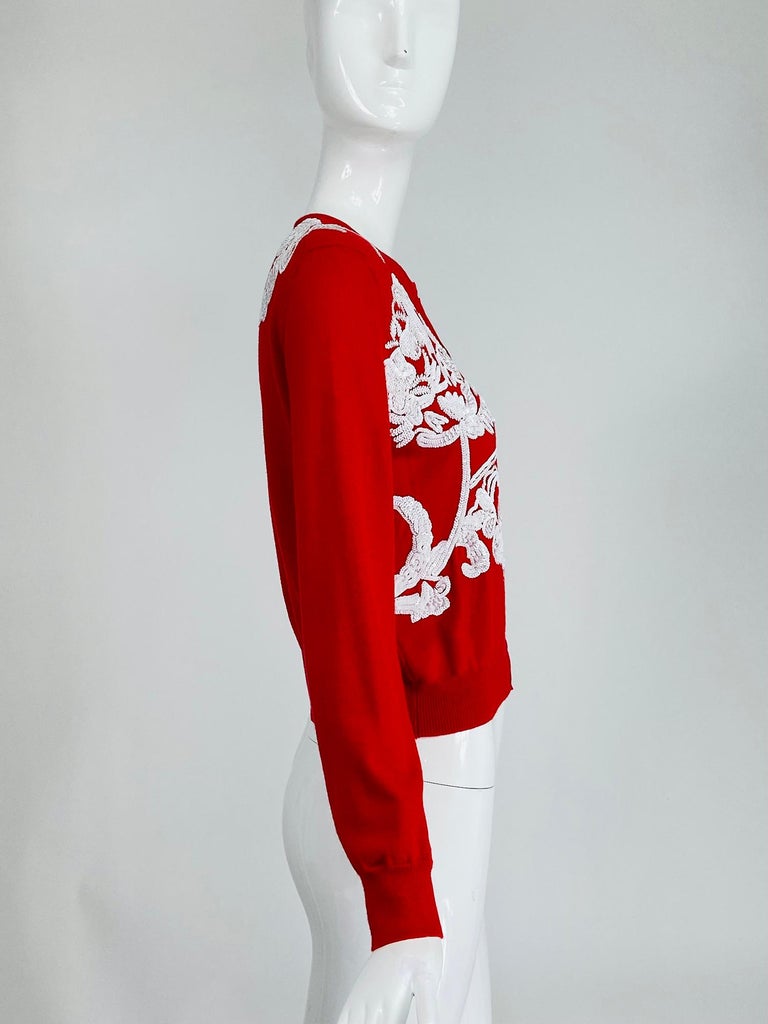 Oscar de la Renta Red Wool Cardigan Sweater White Floral Sequin ...