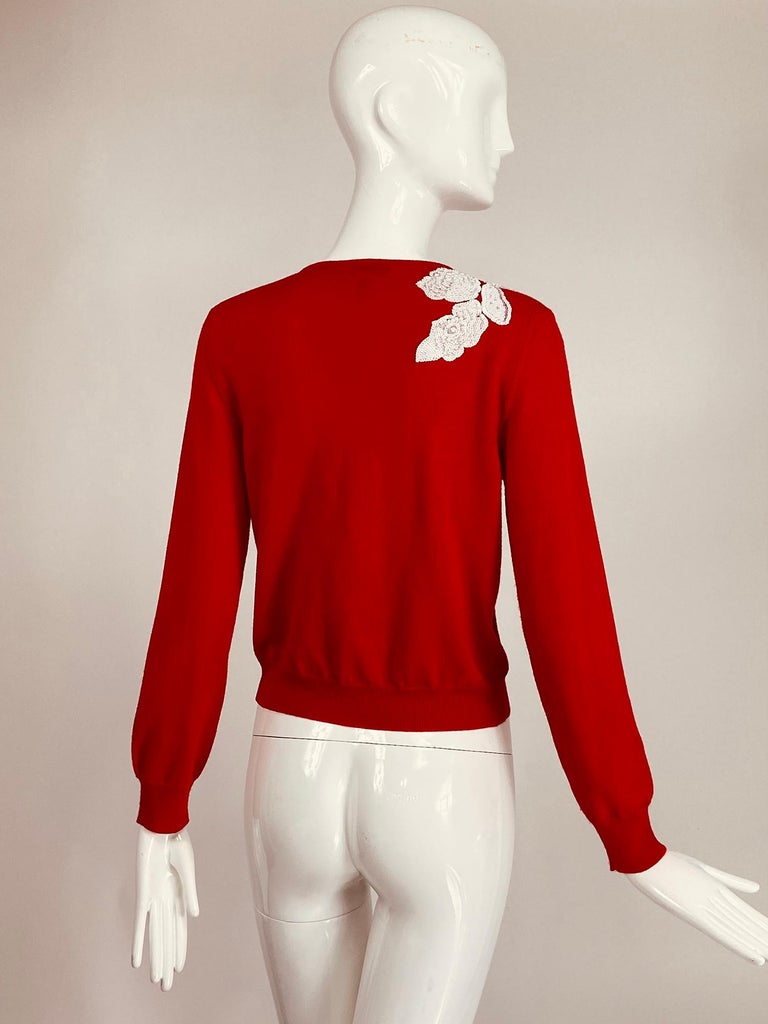 Oscar de la Renta Red Wool Cardigan Sweater White Floral Sequin ...