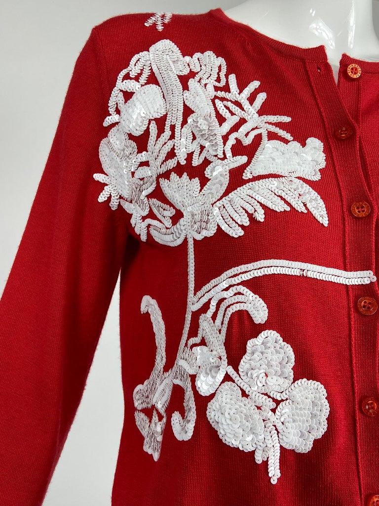 Oscar de la Renta Red Wool Cardigan Sweater White Floral Sequin ...