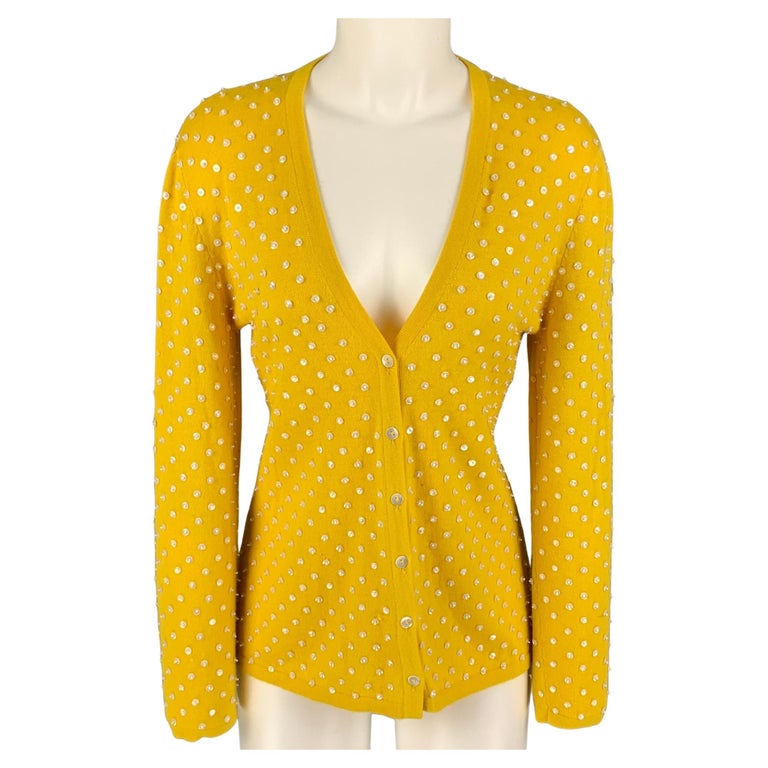 OSCAR DE LA RENTA Size M Yellow Cashmere Beaded Open Front Cardigan For ...