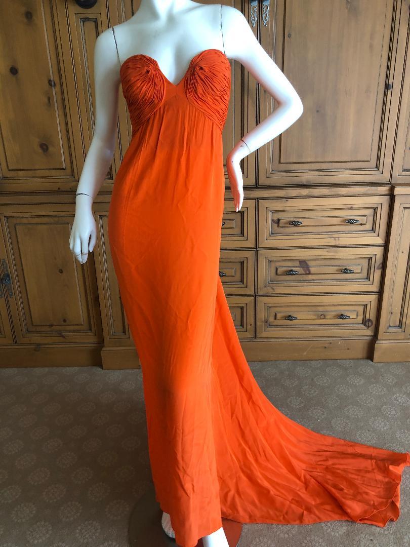 Oscar de la Renta Tangerine Strapless Evening Dress with Long Train and ...