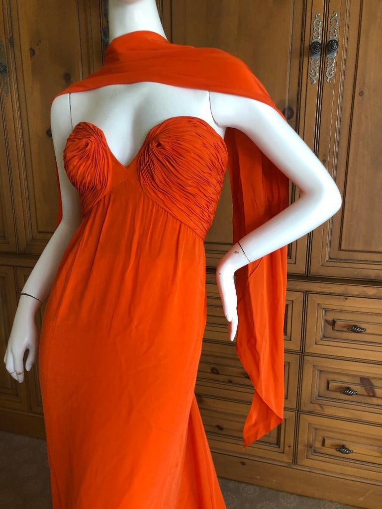 Oscar de la Renta Tangerine Strapless Evening Dress with Long Train and ...