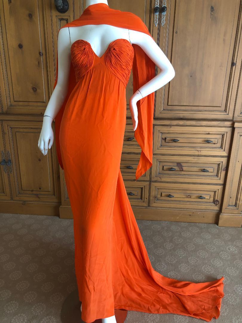 Oscar de la Renta Tangerine Strapless Evening Dress with Long Train and ...