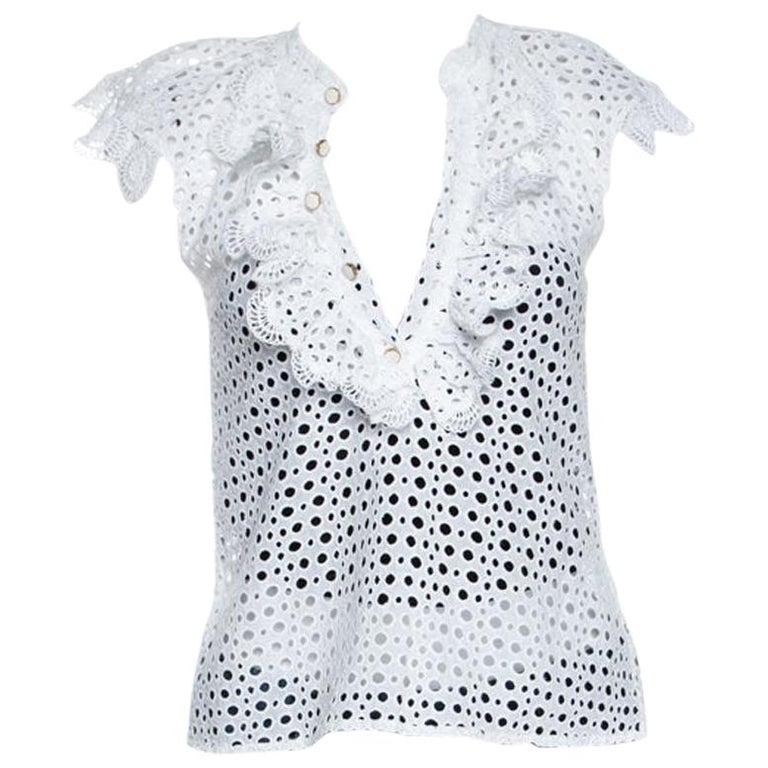 Oscar de la Renta White Eyelet Lace Ruffle Detail Top M For Sale at ...