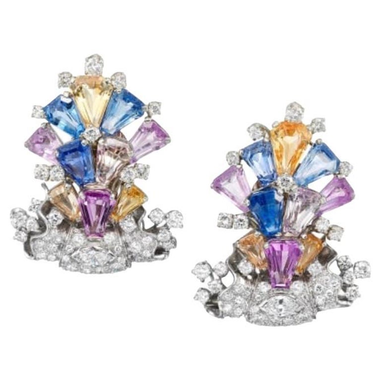 Oscar Heyman Multi Color Sapphire and Diamond Earrings For Sale at 1stDibs