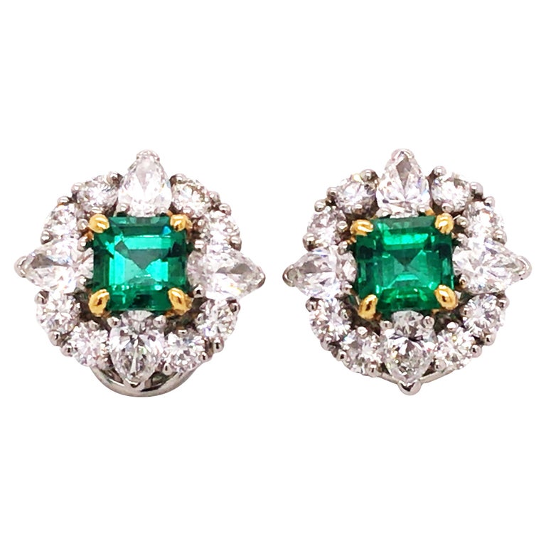 Oscar Heyman, Platinum Emerald Diamond Earrings For Sale at 1stDibs