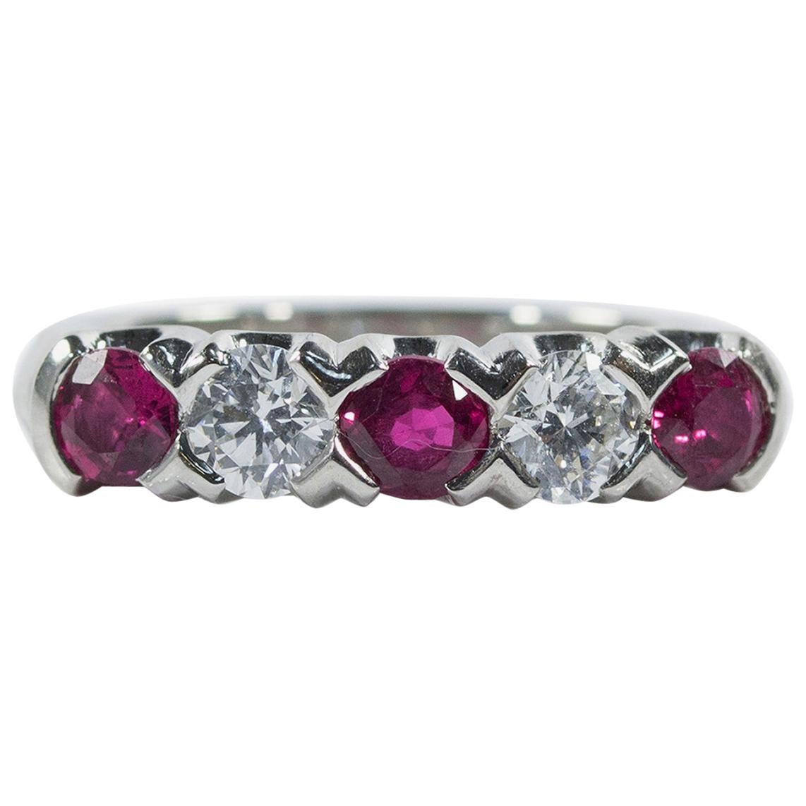 French Ruby Diamond Gold Platinum Band Ring For Sale at 1stDibs