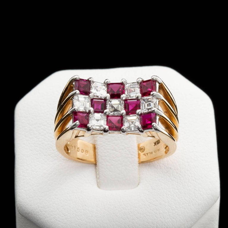 Oscar Heyman Ruby Diamond Gold Checkerboard Ring For Sale at 1stDibs ...