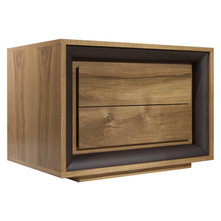 Oslo Nightstand, Solid Walnut Wood Brown Leather Outlined Nightstand ...