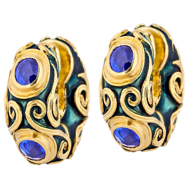 Otto Jakob Maori Sapphire Enameled Gold Earrings at 1stDibs