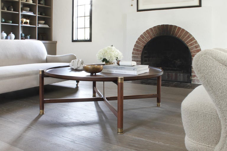 Otto Round Coffee Table in Light Walnut with Antique Brass Fittings and ...