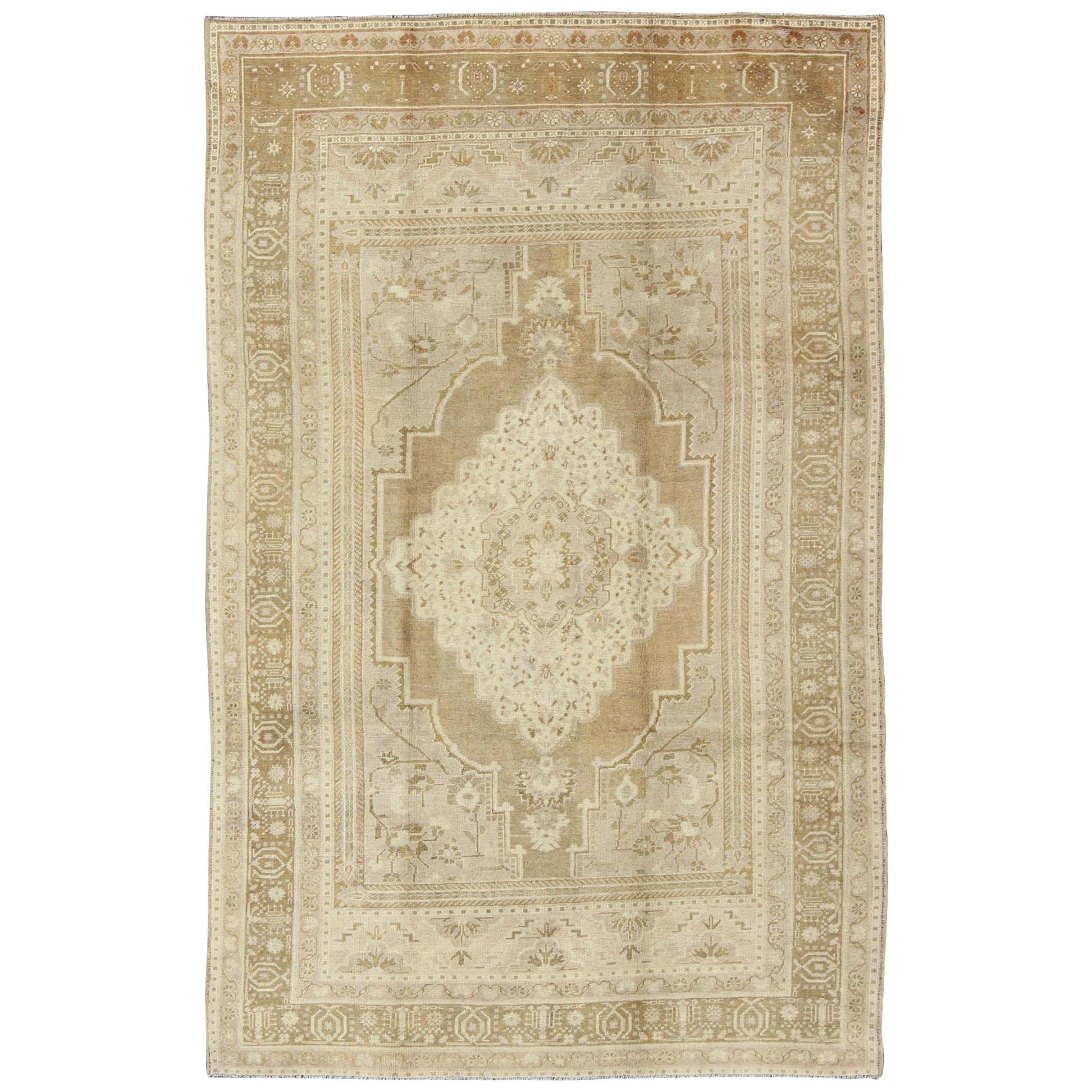 Oushak Vintage Rug from Turkey with Tan, Camel and Taupe Floral Design ...