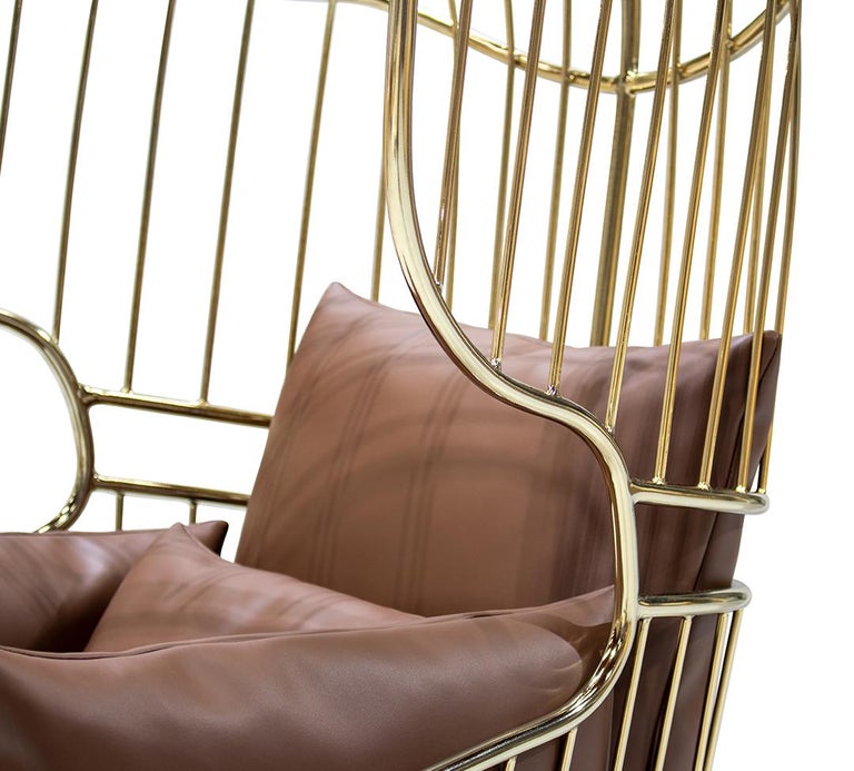 Outdoor Golden Hanging Chair Stainless Steel Waterproof Brown Leather ...