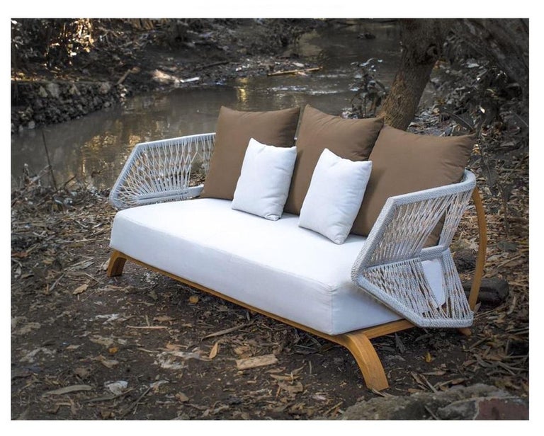 Outdoor Sofa in Handwoven Rope and Solid Teak For Sale at 1stDibs