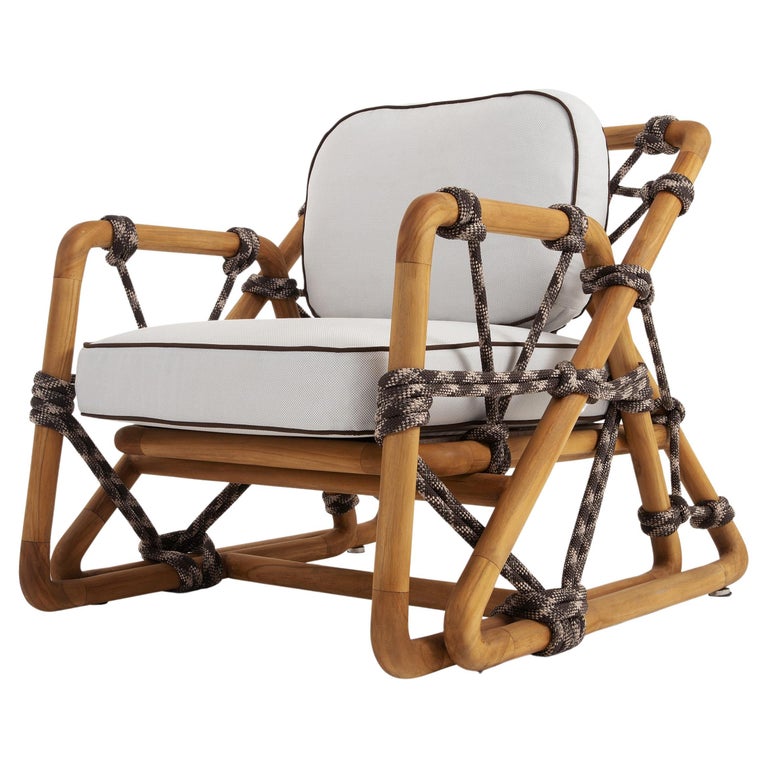 Outdoor Woven Rope Lounge Chair in Natural Teak For Sale at 1stDibs
