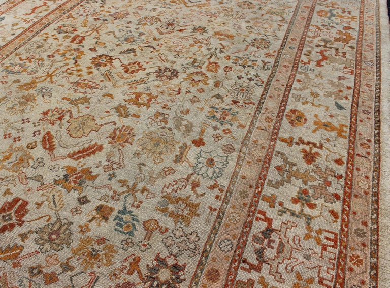 Outstanding Ivory Background Antique Turkish Oushak Rug in Multi-Colors ...