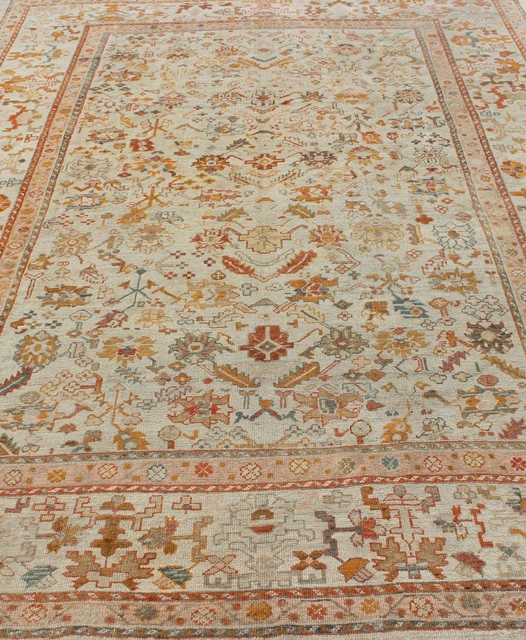 Outstanding Ivory Background Antique Turkish Oushak Rug in Multi-Colors ...