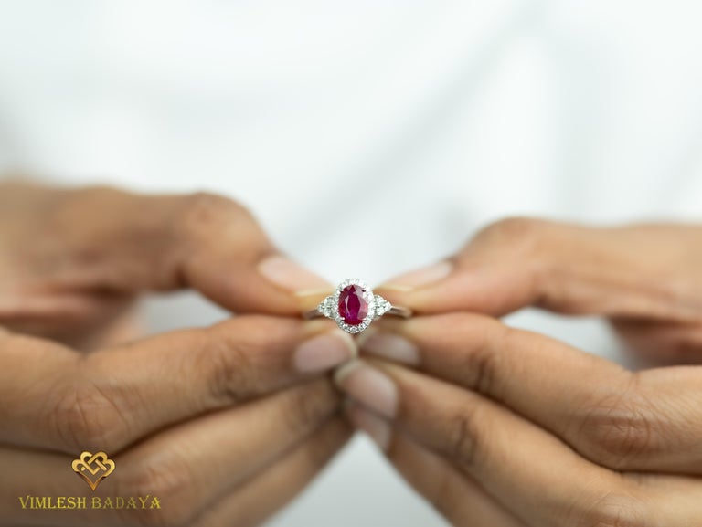 Oval 0.7 Carat Red Ruby Diamond Round Cut Halo Engagement Ring, Art ...