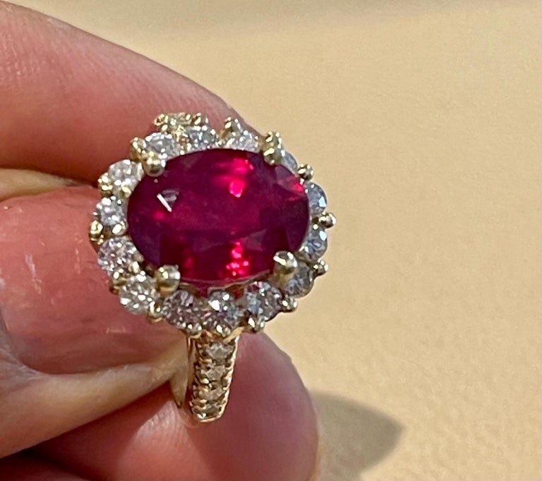 Oval 5 Carat Treated Ruby and 1.25 Carat Diamond 14 Karat Yellow Gold ...